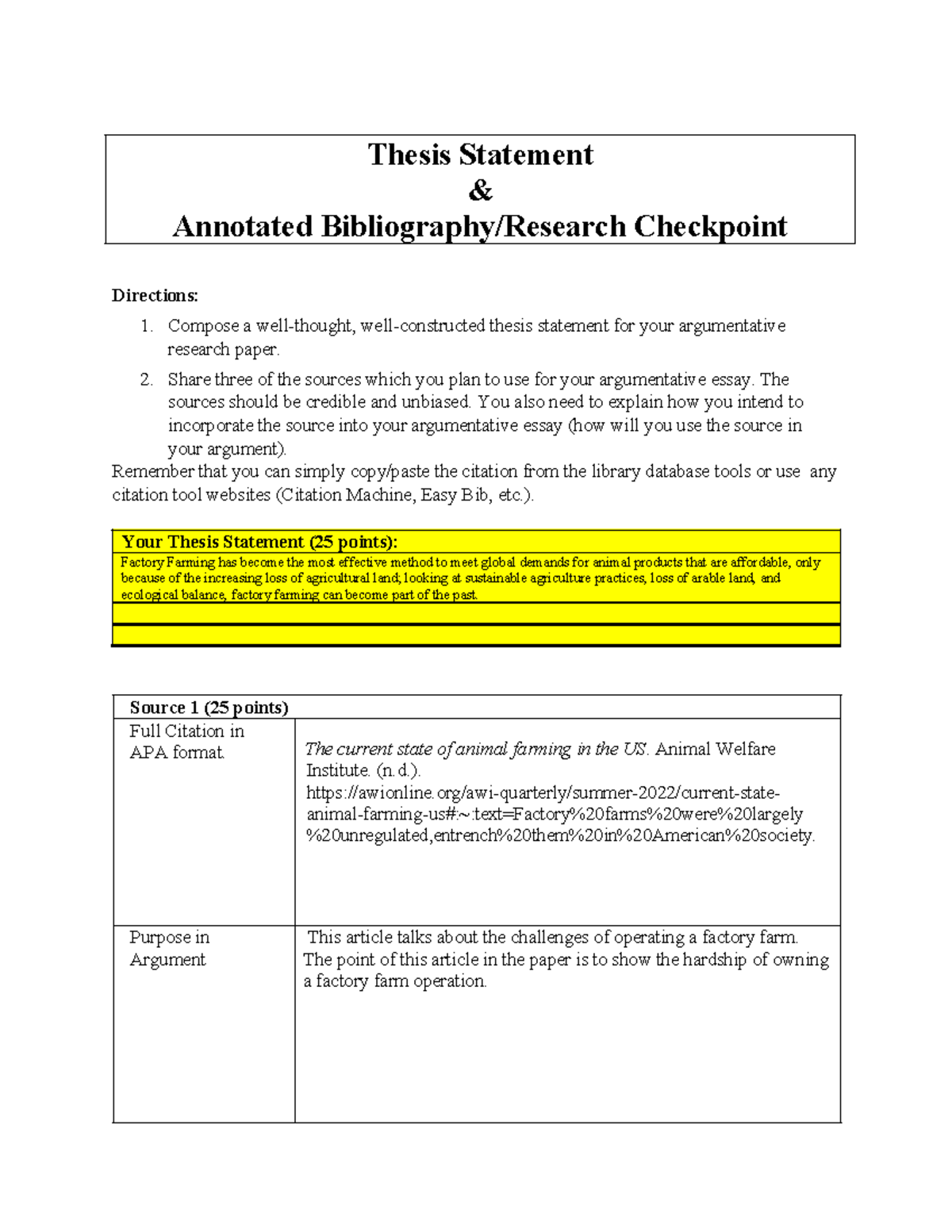Thesis Statement & Annotated Bibliography Directions (APA) - Studocu