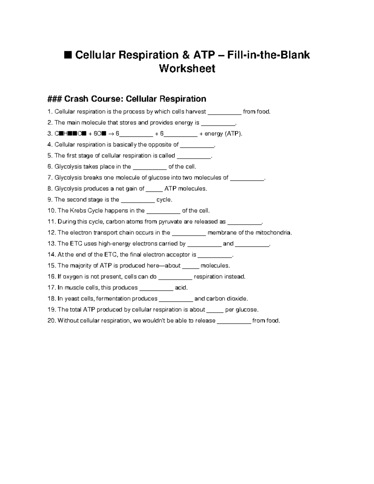 ATP Cellular Respiration Worksheet & Answer Key - Studocu