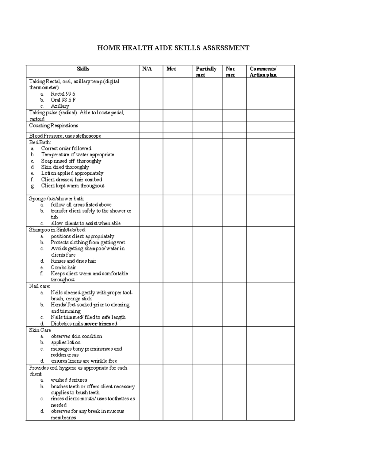 HHA Skills Assessment - HOME HEALTH AIDE SKILLS ASSESSMENT Skills N/A ...