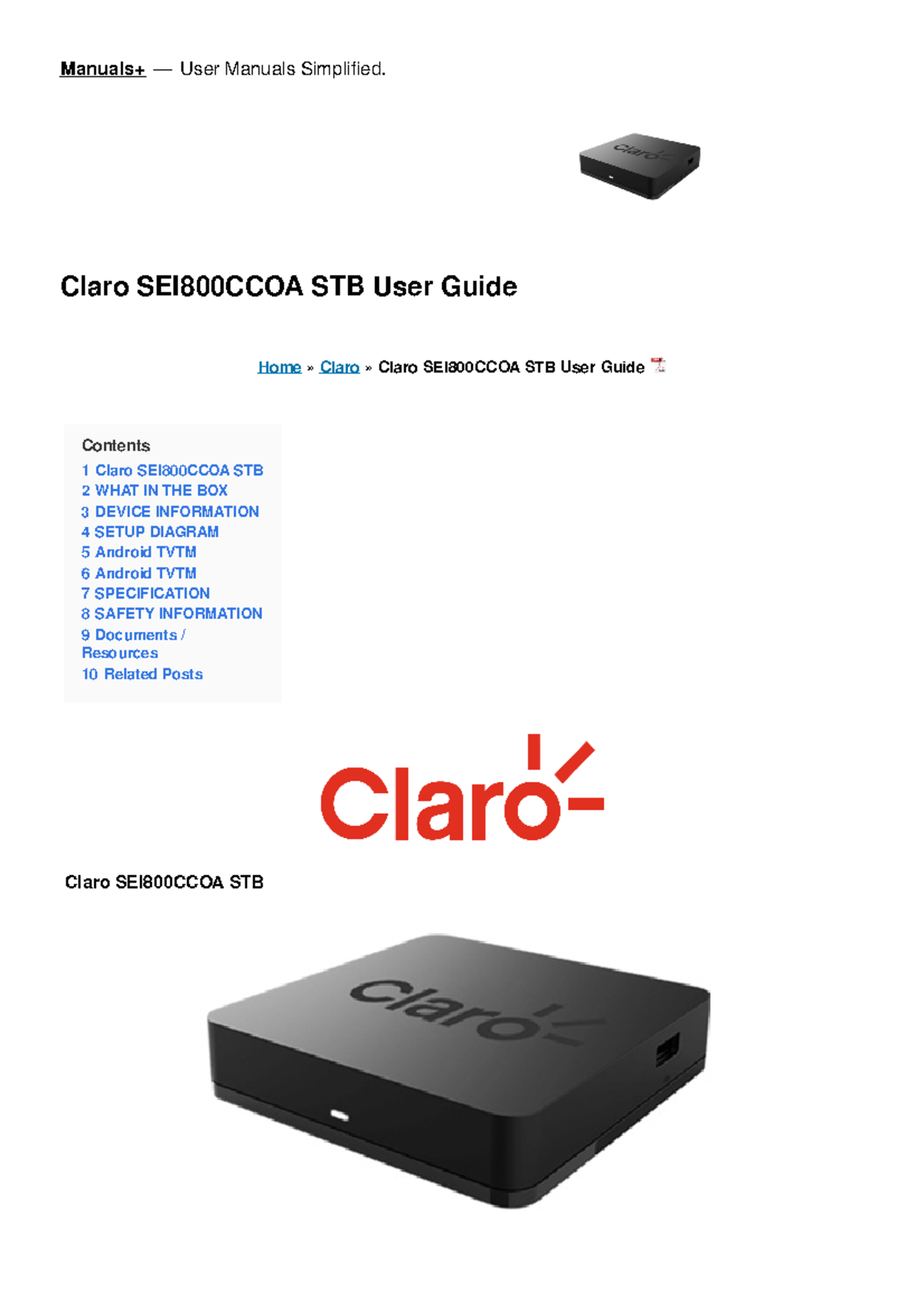 Claro SEI800CCOA STB User Guide: Setup and Specifications - Studocu