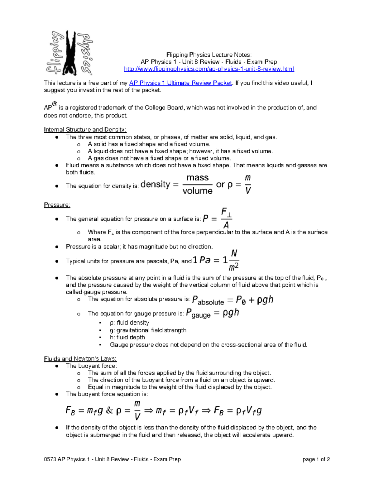 AP Physics 1 Unit 8 Lecture Notes: Fluids Exam Prep Review - Studocu