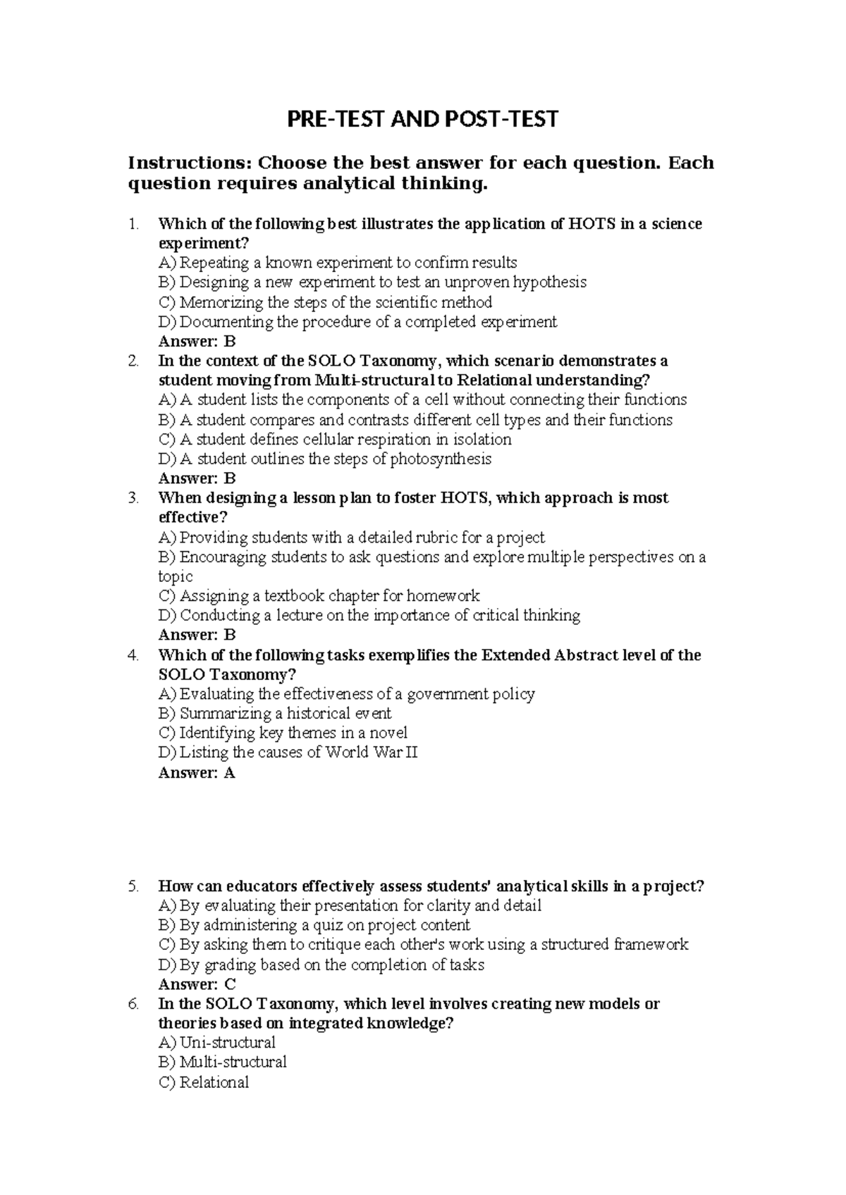 05 PRE TEST AND POST TEST - PRE-TEST AND POST-TEST Instructions: Choose ...