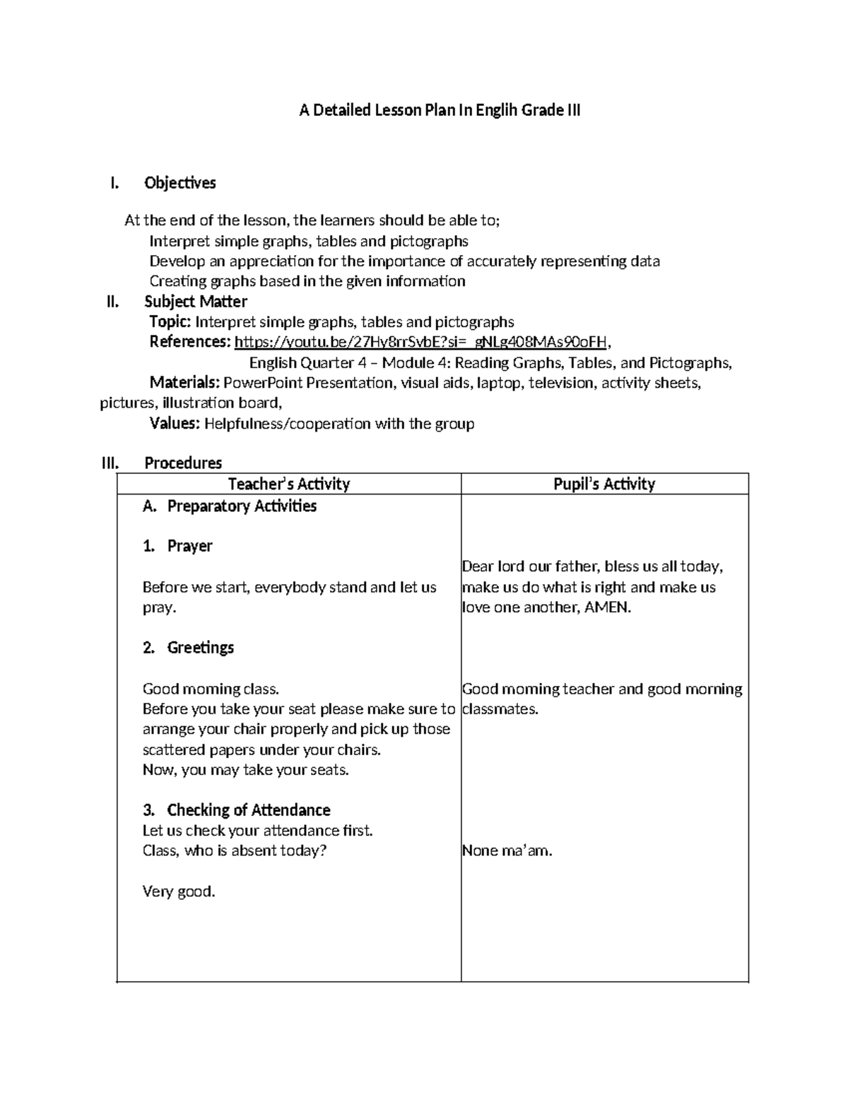 A Detailed Lesson Plan in English Grade III: Interpreting Graphs & Data ...