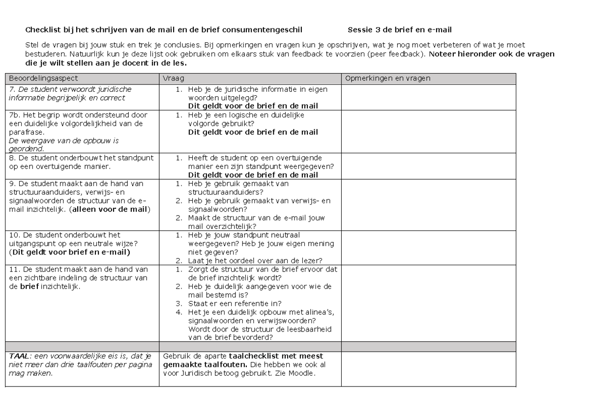 Checklist en Feedback voor Brief en E-mail - Sessie 3 - Studeersnel