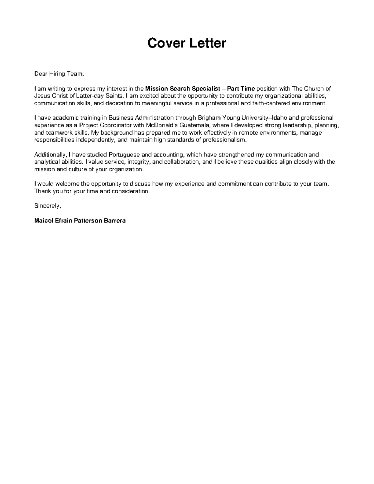 Maicol Patterson Cover Letter for Mission Search Specialist Position ...