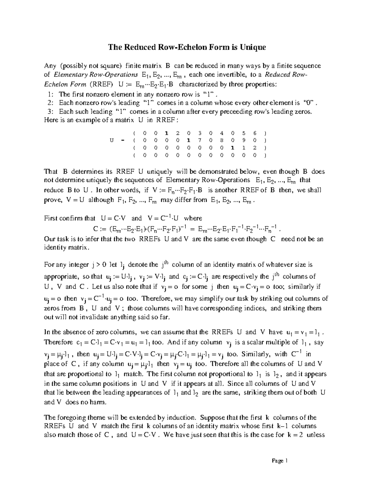 The Reduced Row-Echelon Form (RREF) is Unique: Proof and Applications ...