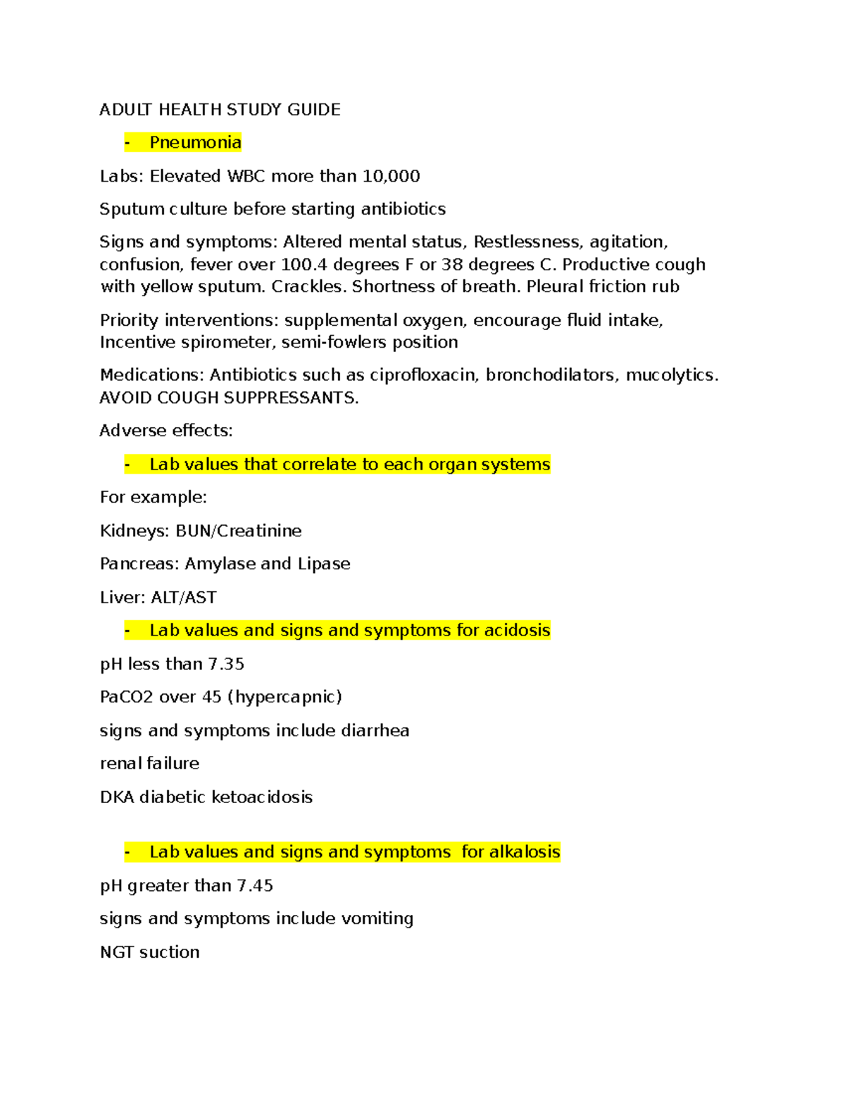 ADULT HEALTH STUDY GUIDE: Key Topics & Interventions for Nursing Care ...