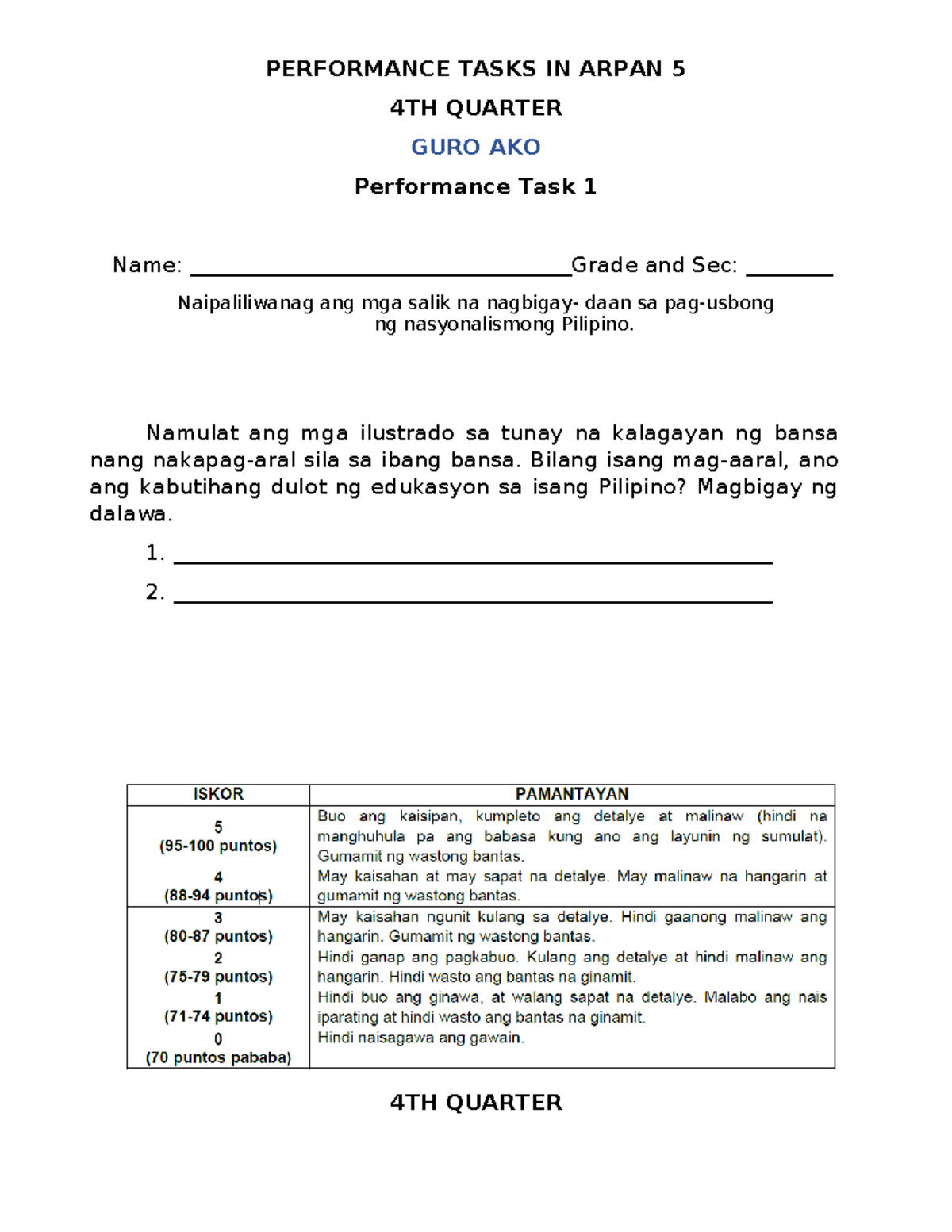 ARPAN 5 - 4TH QUARTER Performance Task Activity Sheet - Studocu