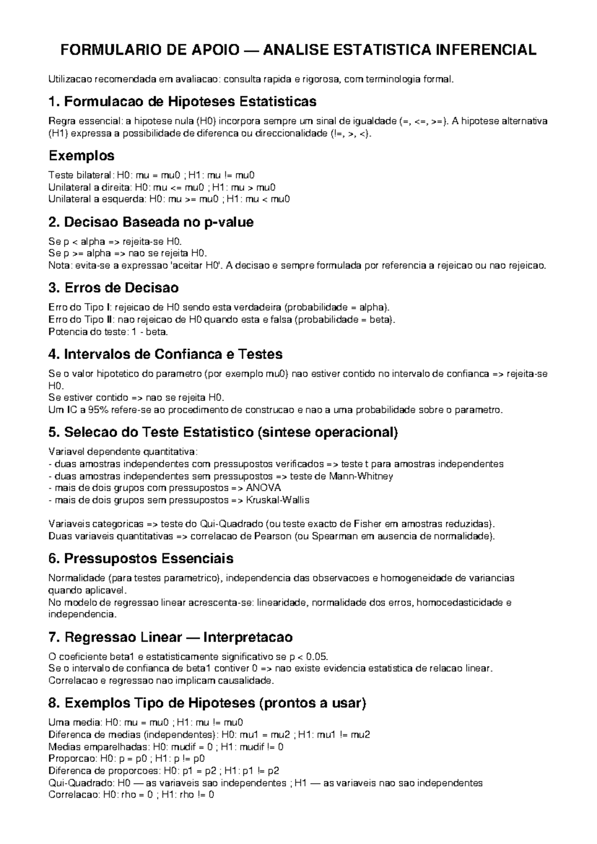 FORMULARIO DE APOIO: ANÁLISE ESTATÍSTICA INFERENCIAL AE 2023 - Studocu