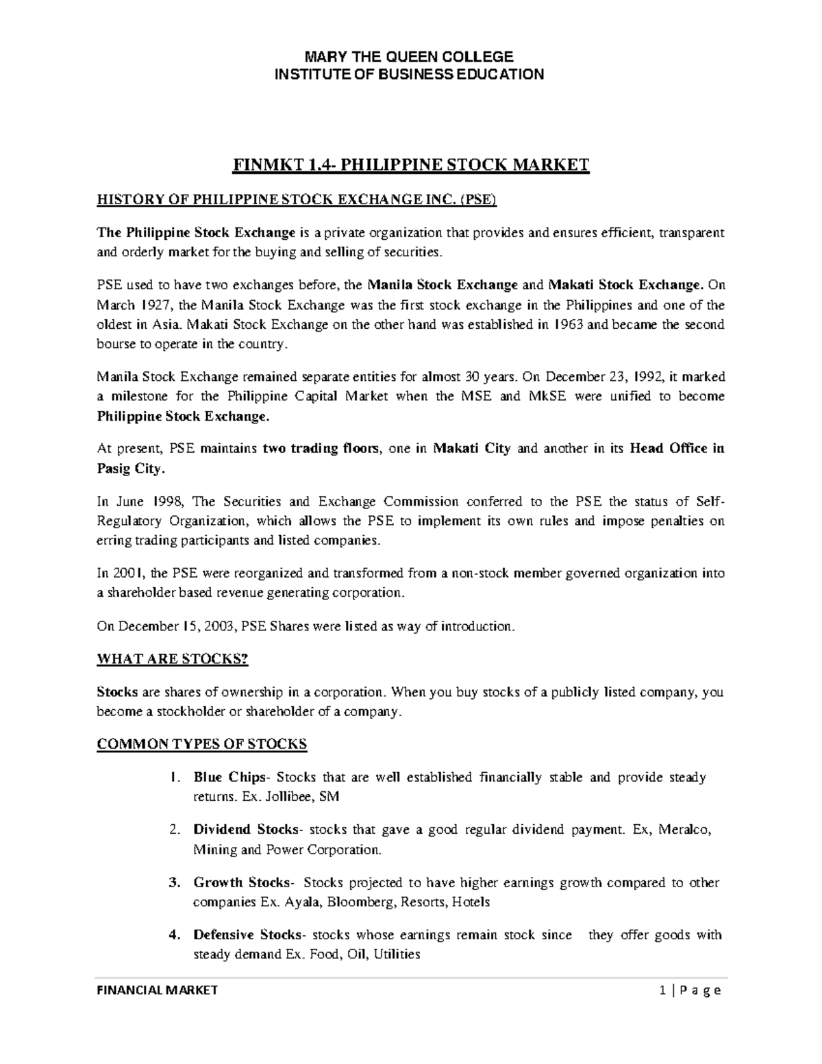 FINMKT: Chapter 4 - History and Overview of the Philippine Stock Market ...
