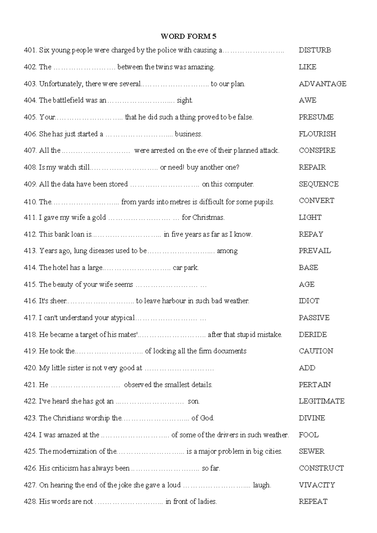 Word Form Exercises for WF5.25: Vocabulary Practice - Studocu