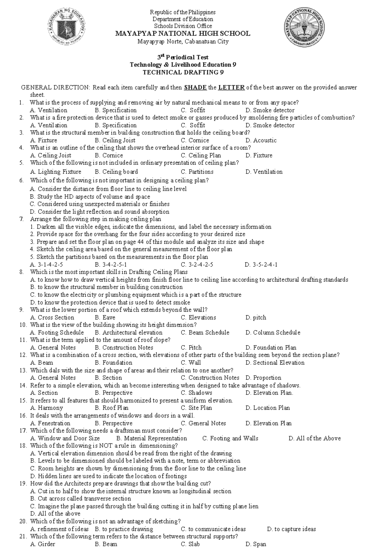 TLE 9 Technical Drafting 3rd Periodical Test 2019-2020 - Studocu