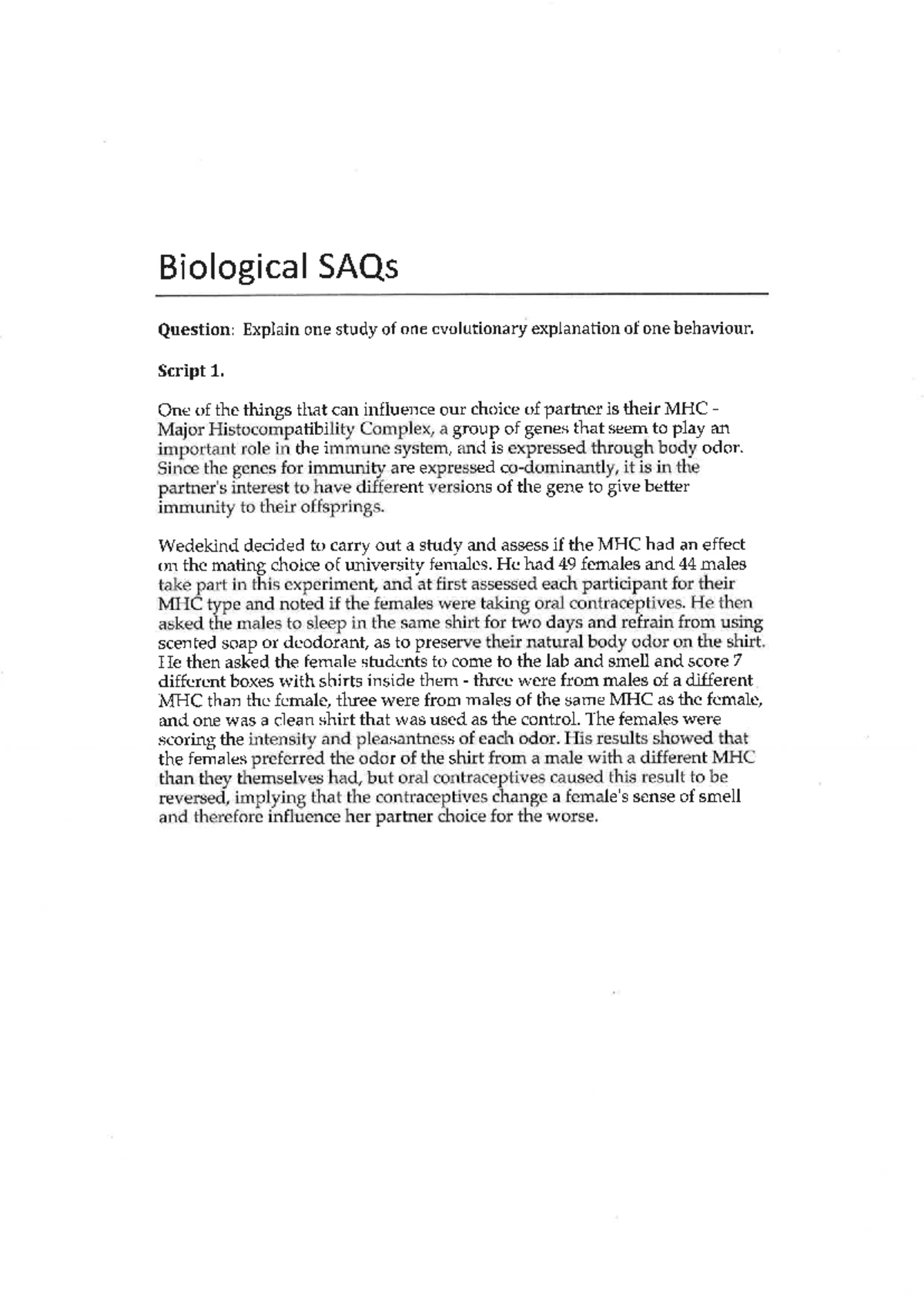 Biological SAQs - Sample SAQ answers - Psychology - Studocu