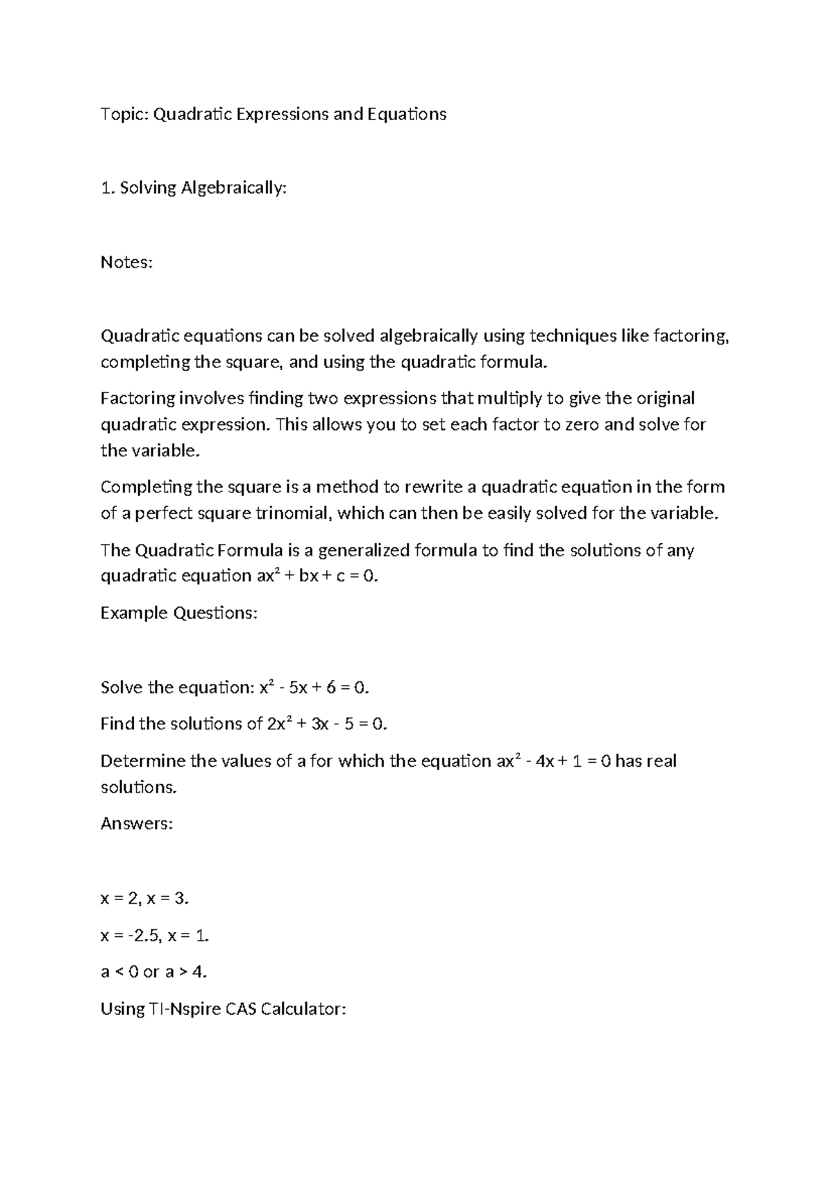 Year 10 Methods: Quadratic Expressions & Equations Notes - Studocu