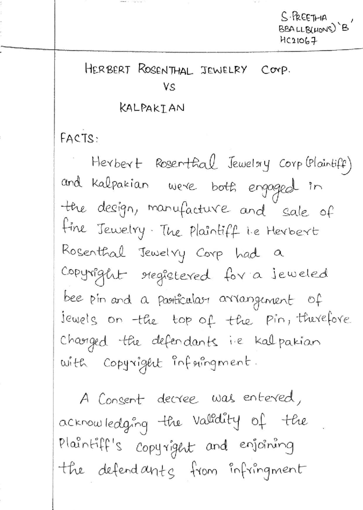 IPR case law - Handwritten - S BBALLBLHONS) HC21067 HERBERT ROSENTHAL ...