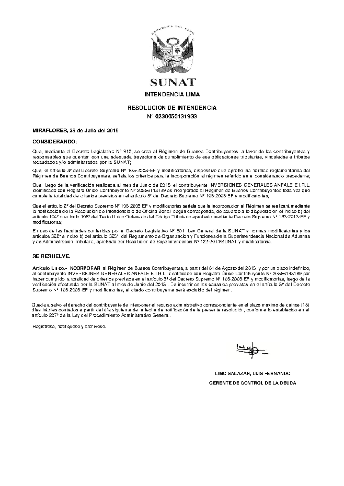 Resolución de Incorporación al Régimen de Buenos Contribuyentes - Studocu