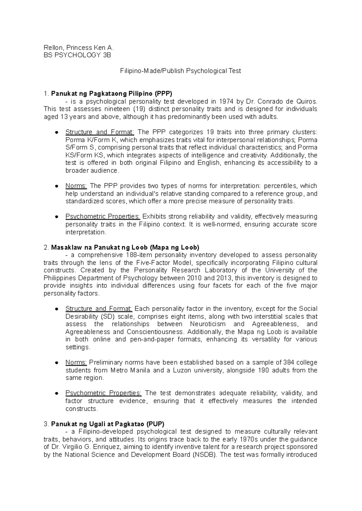 Filipino Psychological Assessments Overview (BS PSY 3B) - Studocu