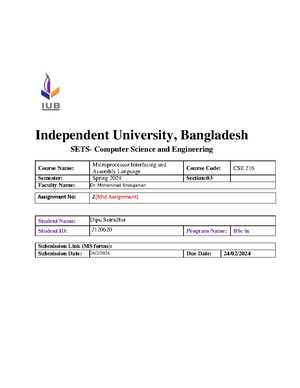 CSE 331L: Microprocessor Interfacing Lab Project Tasks 5-8 Guide - Studocu