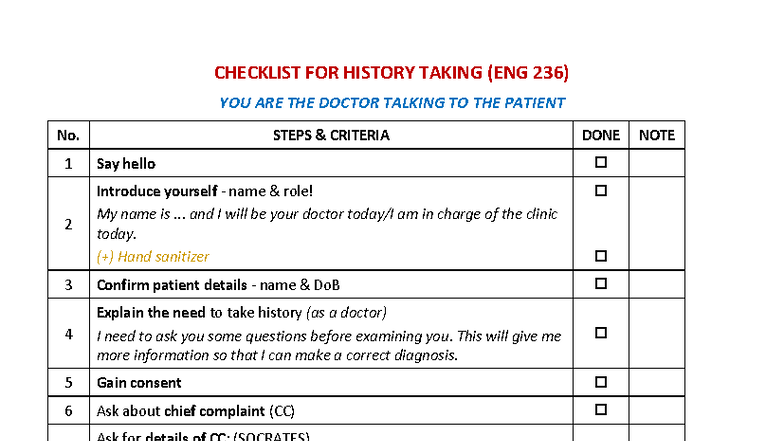 HISTORY TAKING CHECKLIST (ENG 236) FOR DOCTORS - Studocu