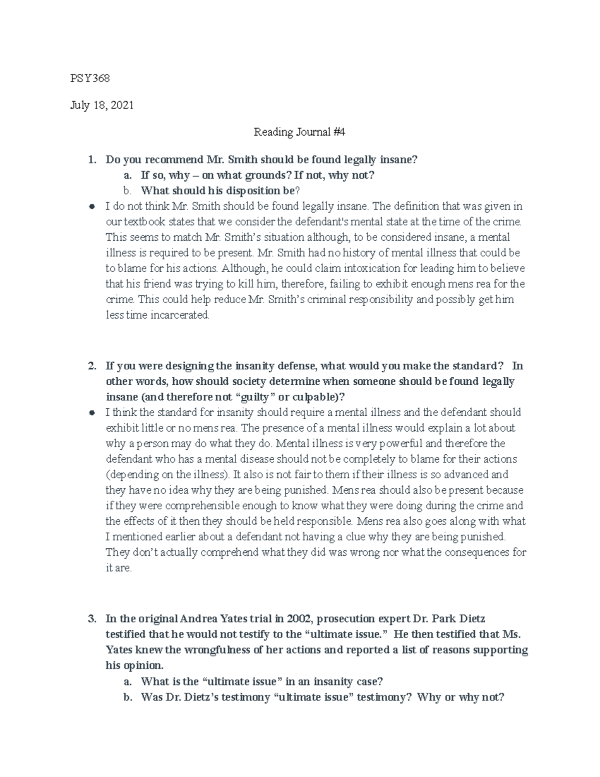 PSY368 RJ#4 - Reading Journal Assignment on Insanity Defense Analysis ...