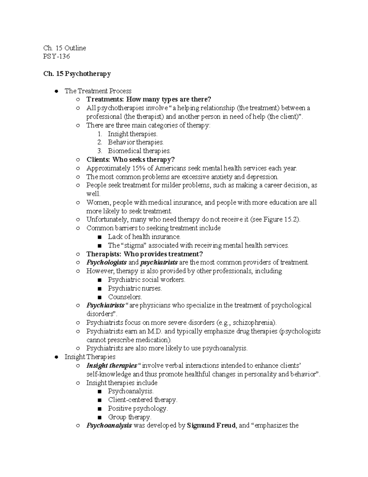 PSY Class Notes Ch. 15 - Test 4 Chapter 15: Psychotherapy - Ch. 15 ...