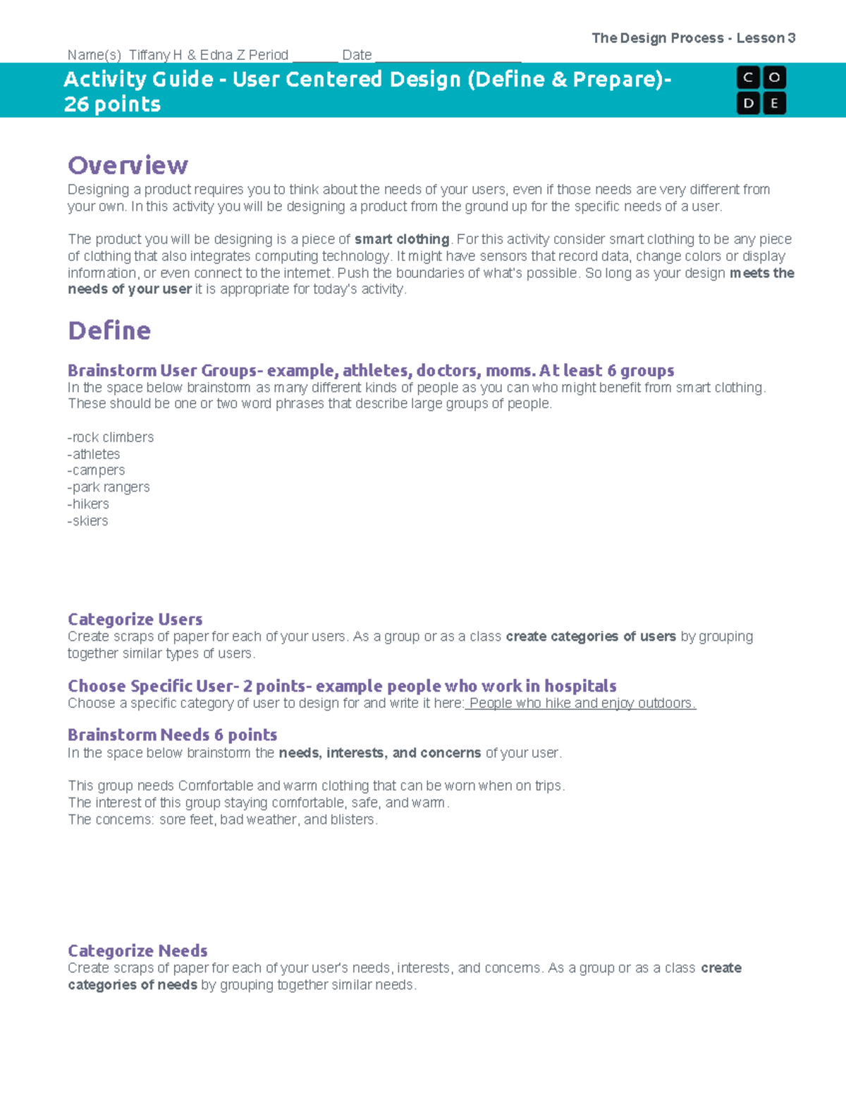 U4L03 - Lesson 3 Activity Guide: User Centered Design (Define & Prepare ...