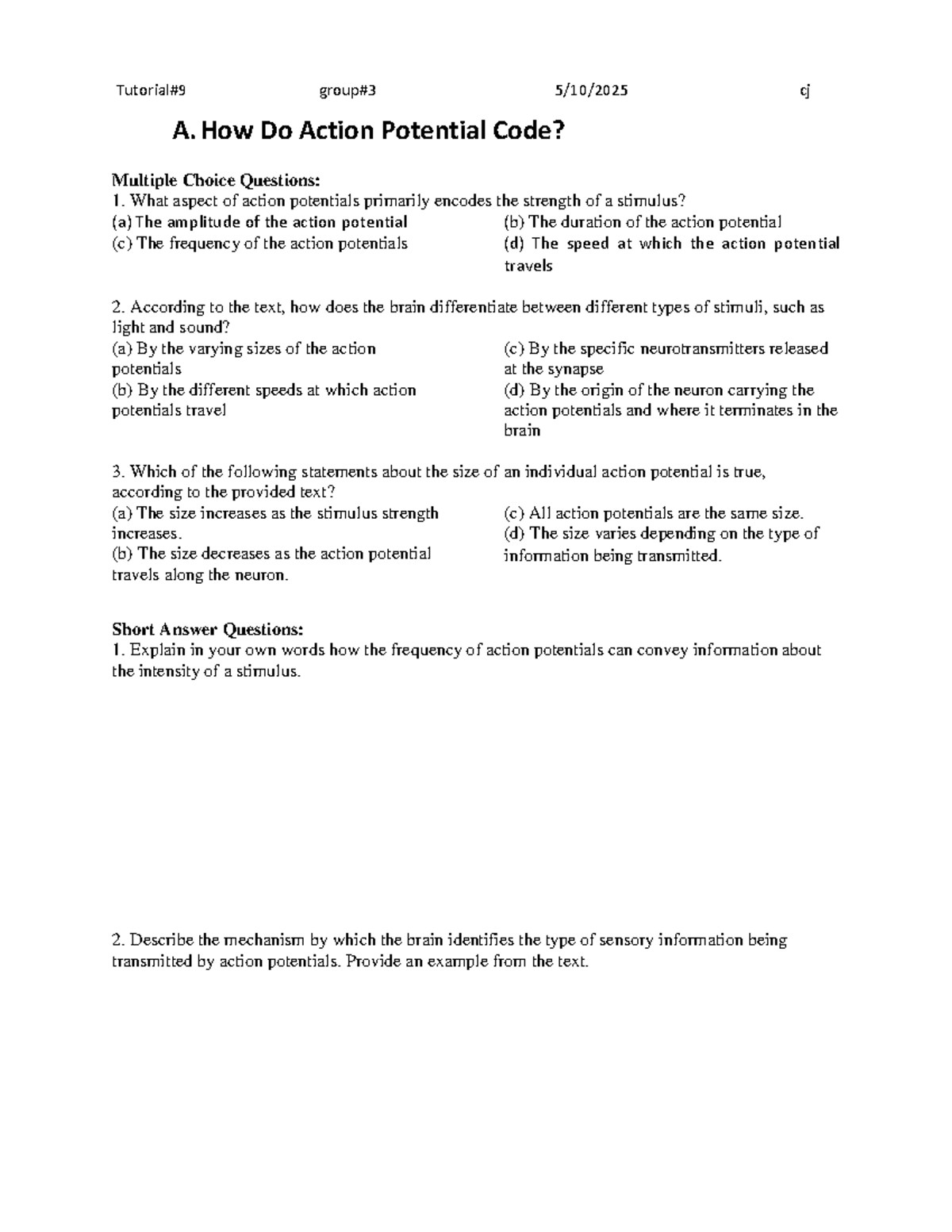 CJ 101: Action Potentials & Synaptic Transmission - MCQs & Short Answers - Studocu