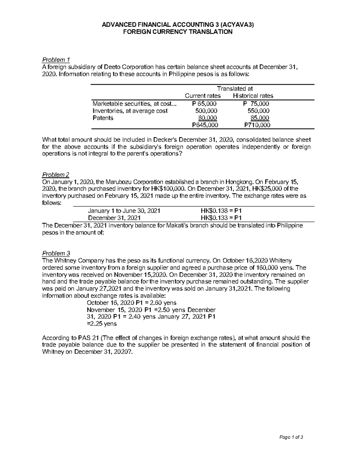 Practice Exercises on Foreign Currency Translation - Page 1 of 3 ...