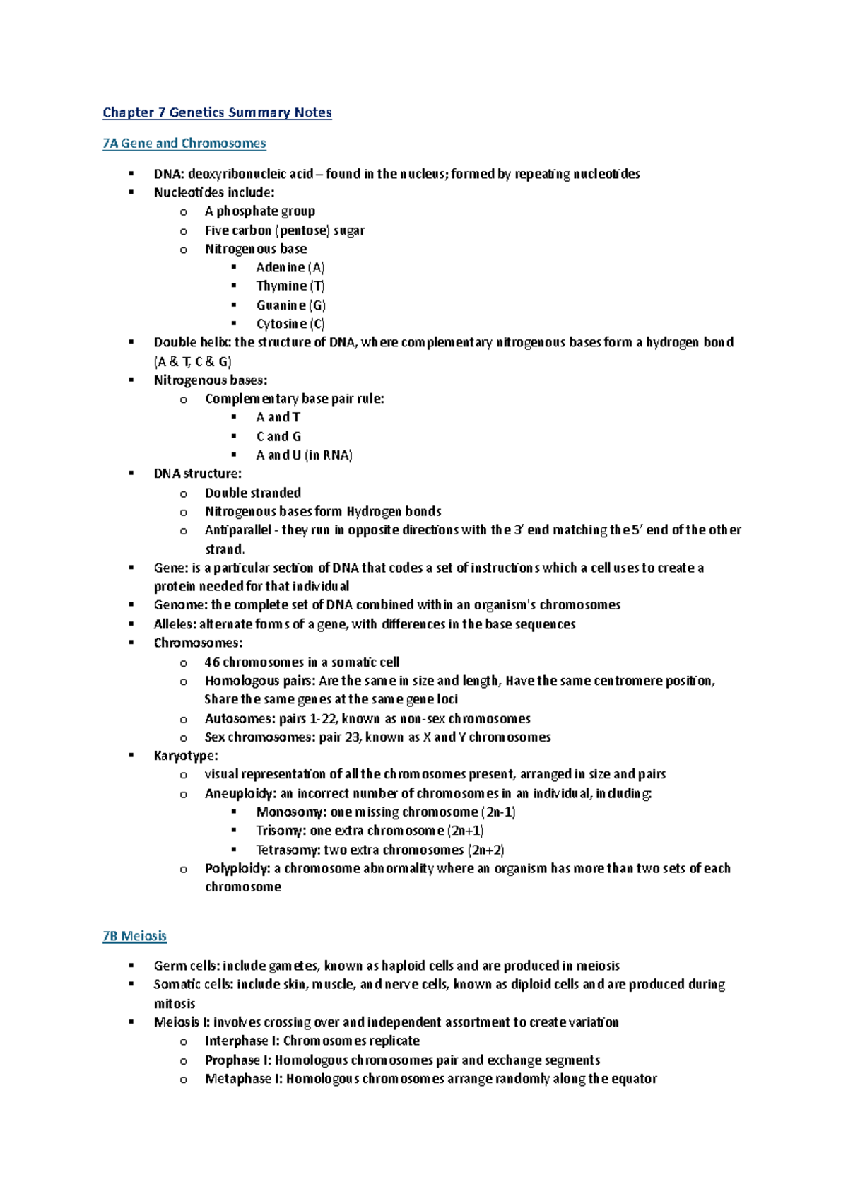 Chapter 7 Genetics Summary Notes: Genes, Chromosomes, and Meiosis - Studocu