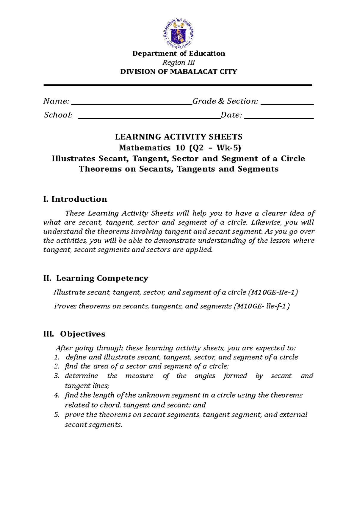 Math 10 Q2 Wk5 Learning Activity: Secant, Tangent, and Circle Theorems - Studocu