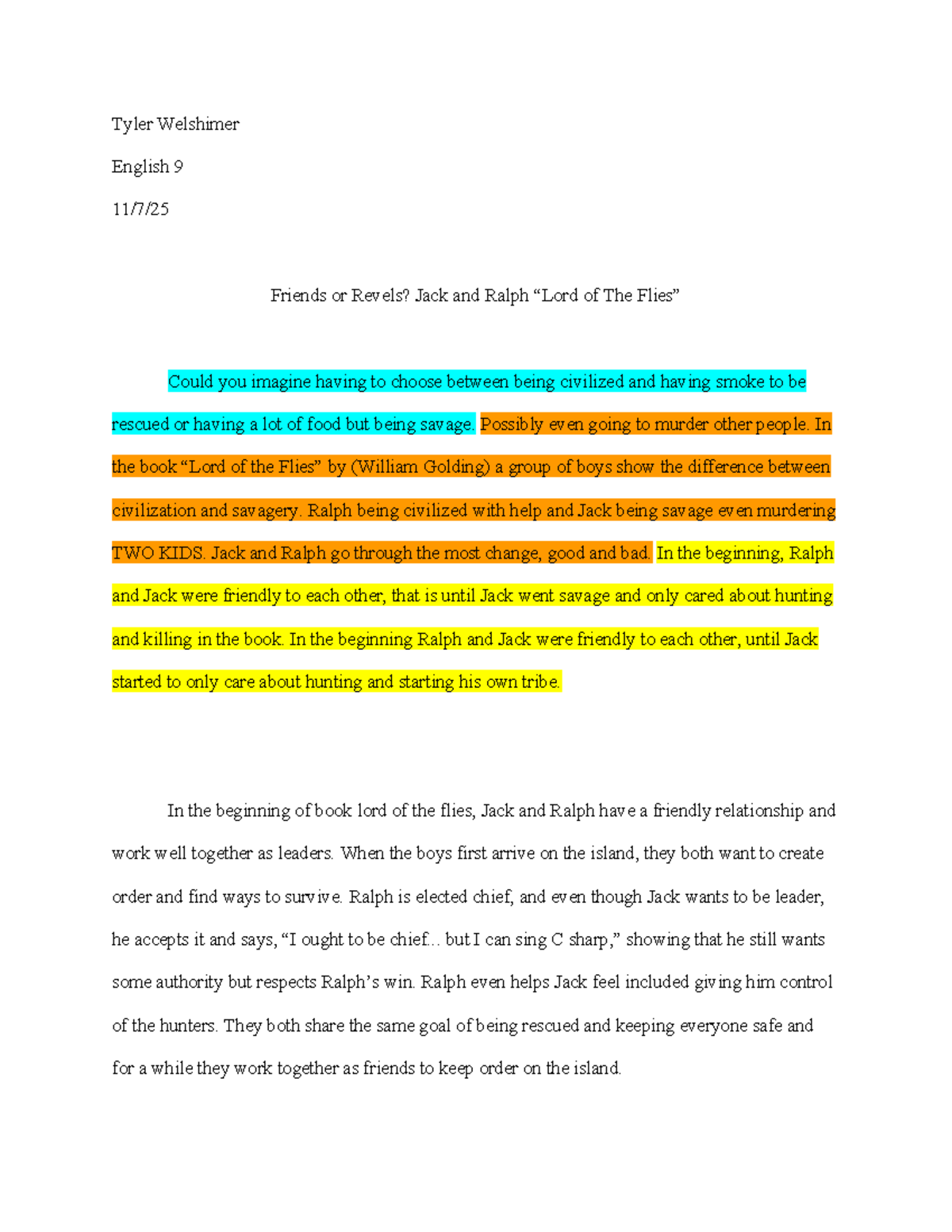 English 9 Essay: Jack and Ralph in Lord of the Flies - Studocu