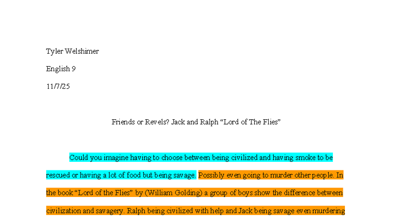 English 9 Essay: Jack and Ralph in Lord of the Flies - Studocu