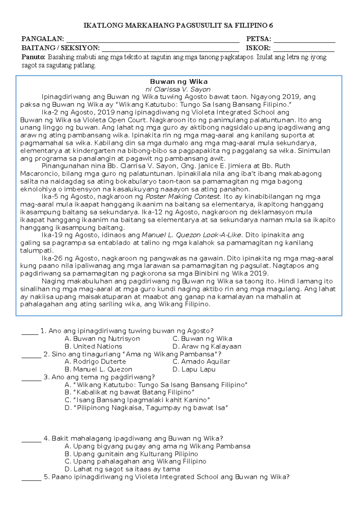 PT- Filipino-6-Q3 V2 - schoolwork - IKATLONG MARKAHANG PAGSUSULIT SA ...