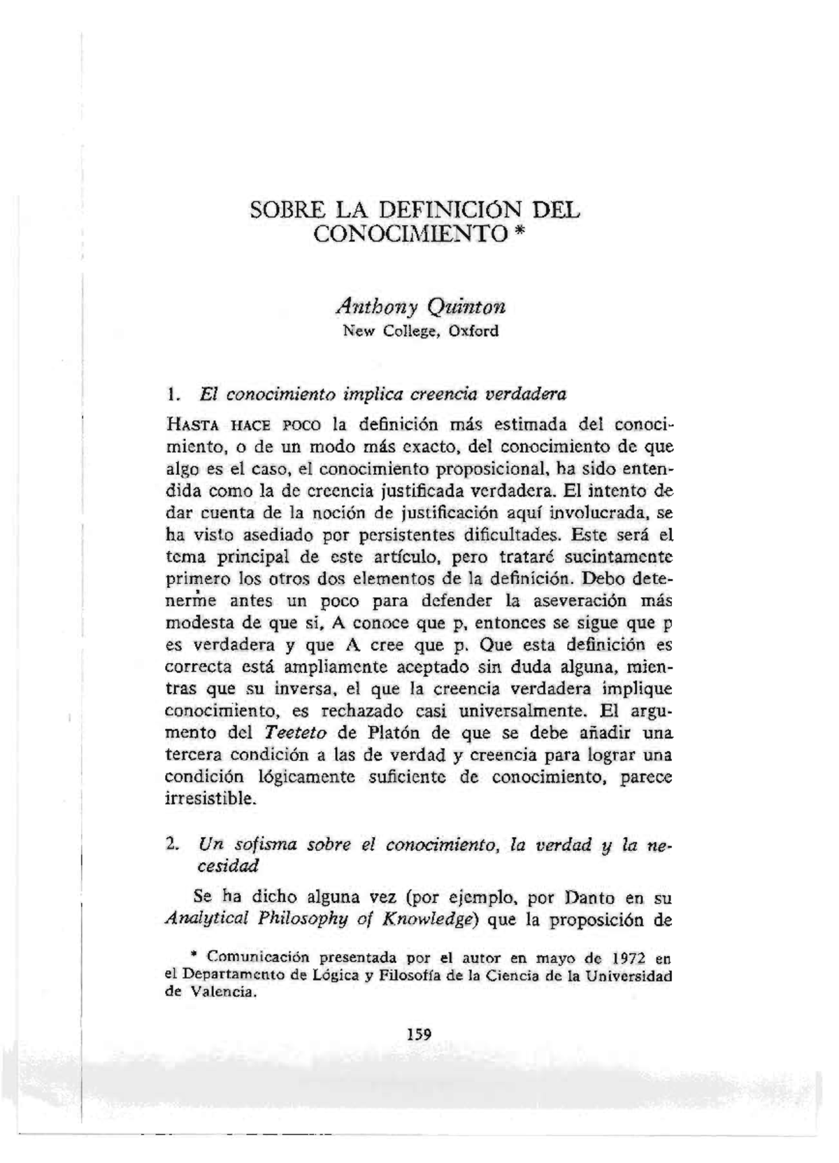 SOBRE LA DEFINICIÓN DEL CONOCIMIENTO - ANTHONY QUINTON - Studocu
