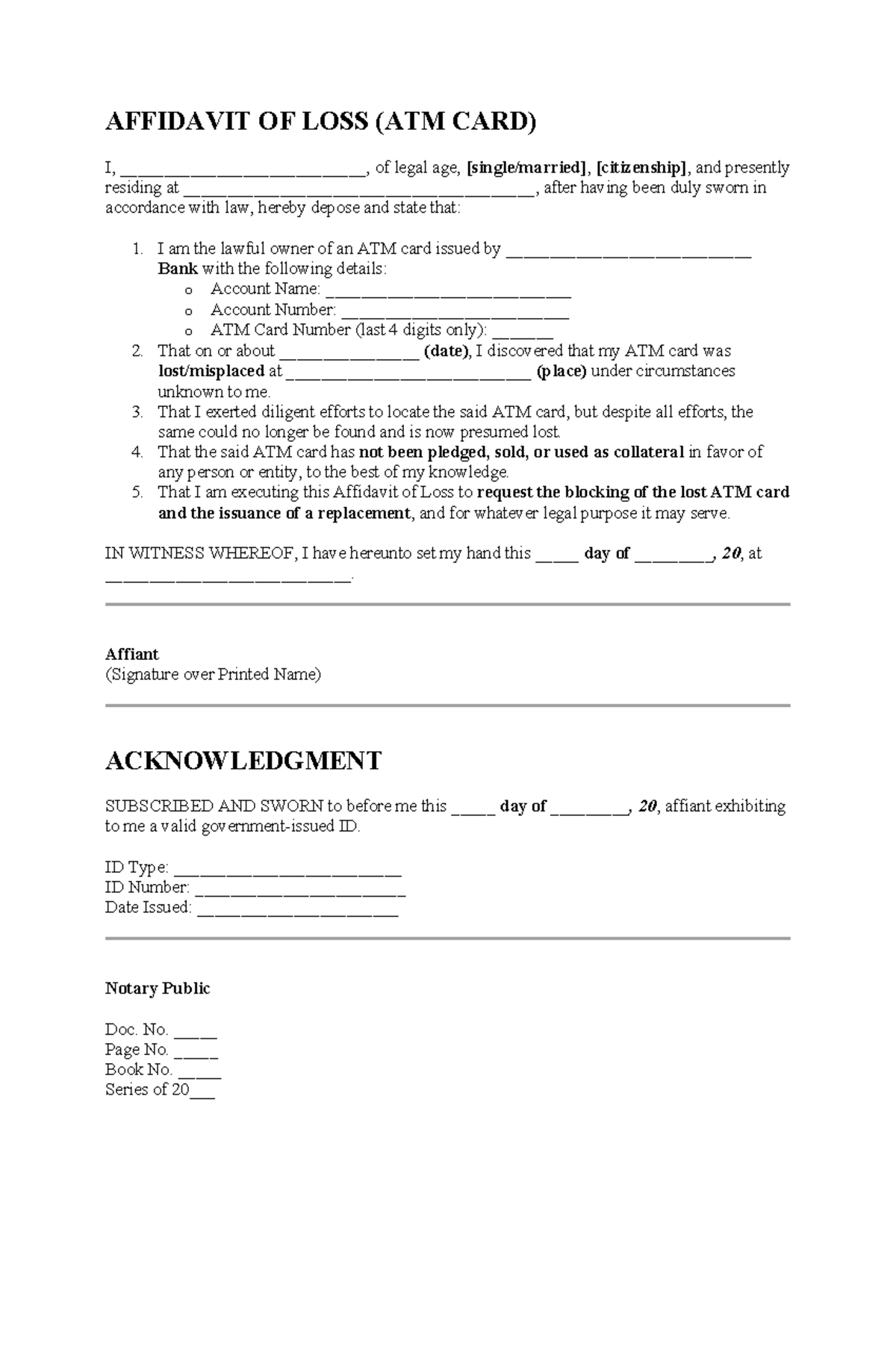 Affidavit of Loss for ATM Card - Legal Document Template - Studocu