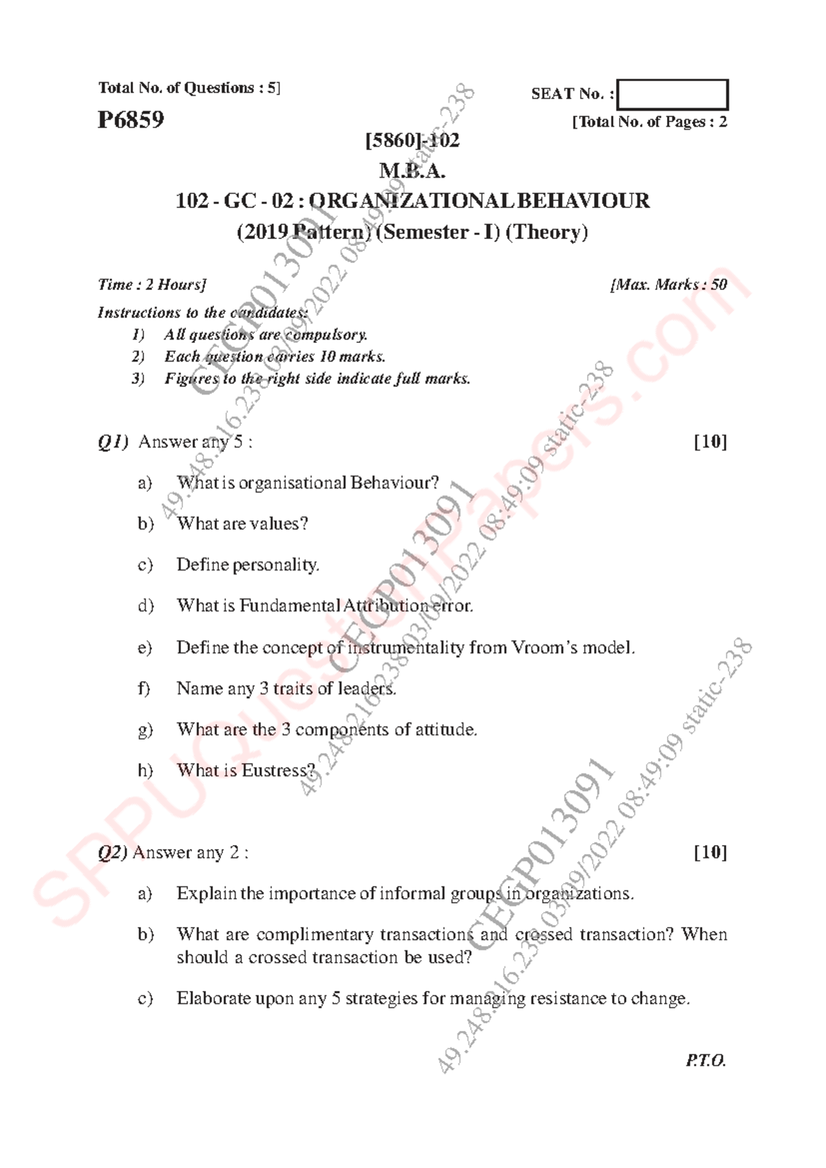 M.B.A. 102 GC 02: Organizational Behaviour Exam (2019 Pattern) - Studocu