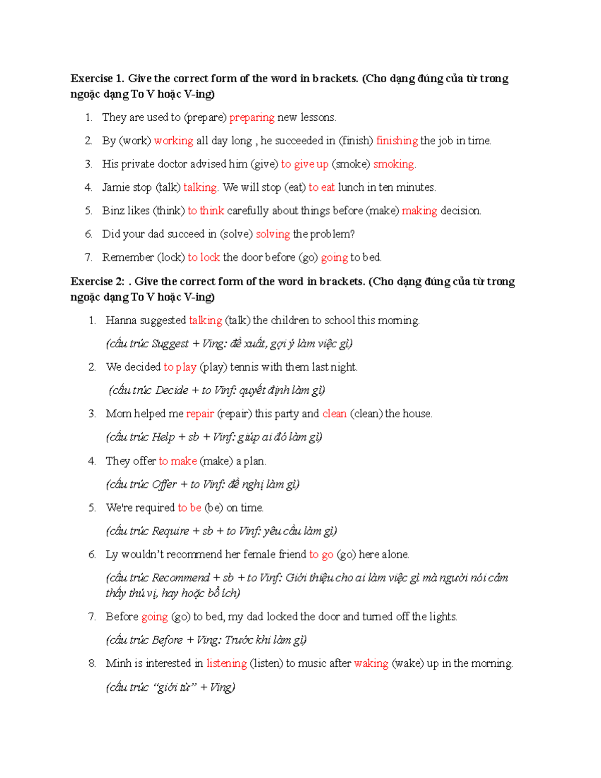 Exercise on Correct Forms: To V & V-ing (A2E) - Studocu
