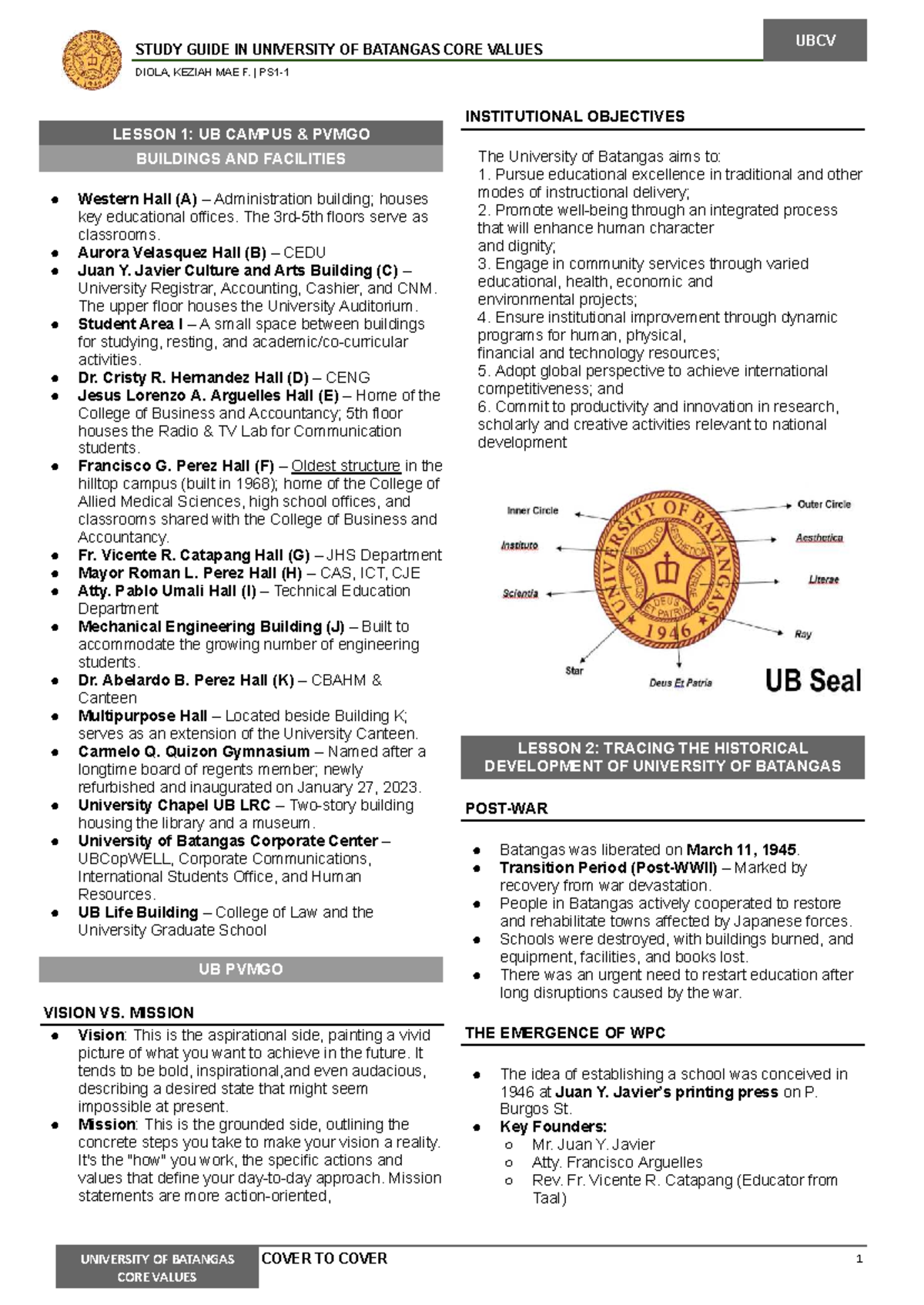 UBCV Prelims Study Guide: Core Values of University of Batangas - Studocu
