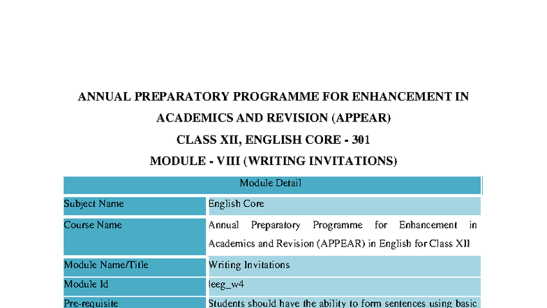 Class XII English Core 301: Writing Invitations Module - Studocu