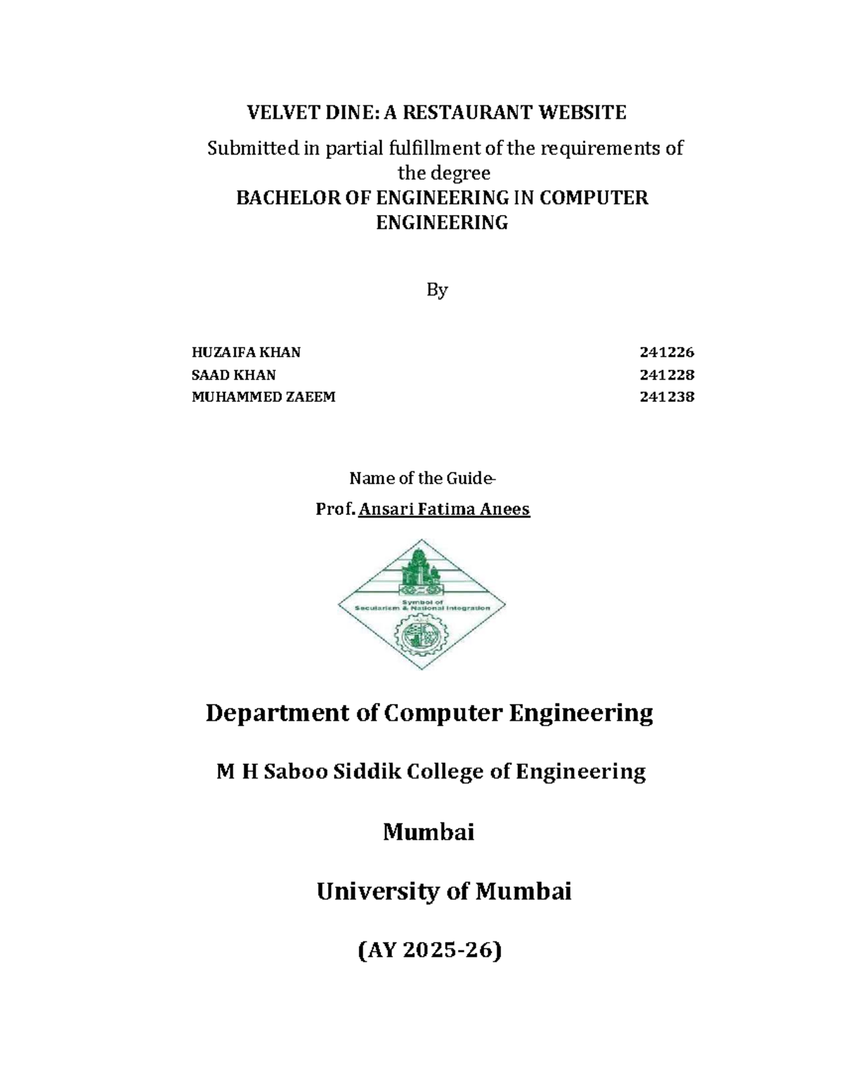 Mini Project Report: VELVET DINE Restaurant Website (B.E. in Comp. Eng ...