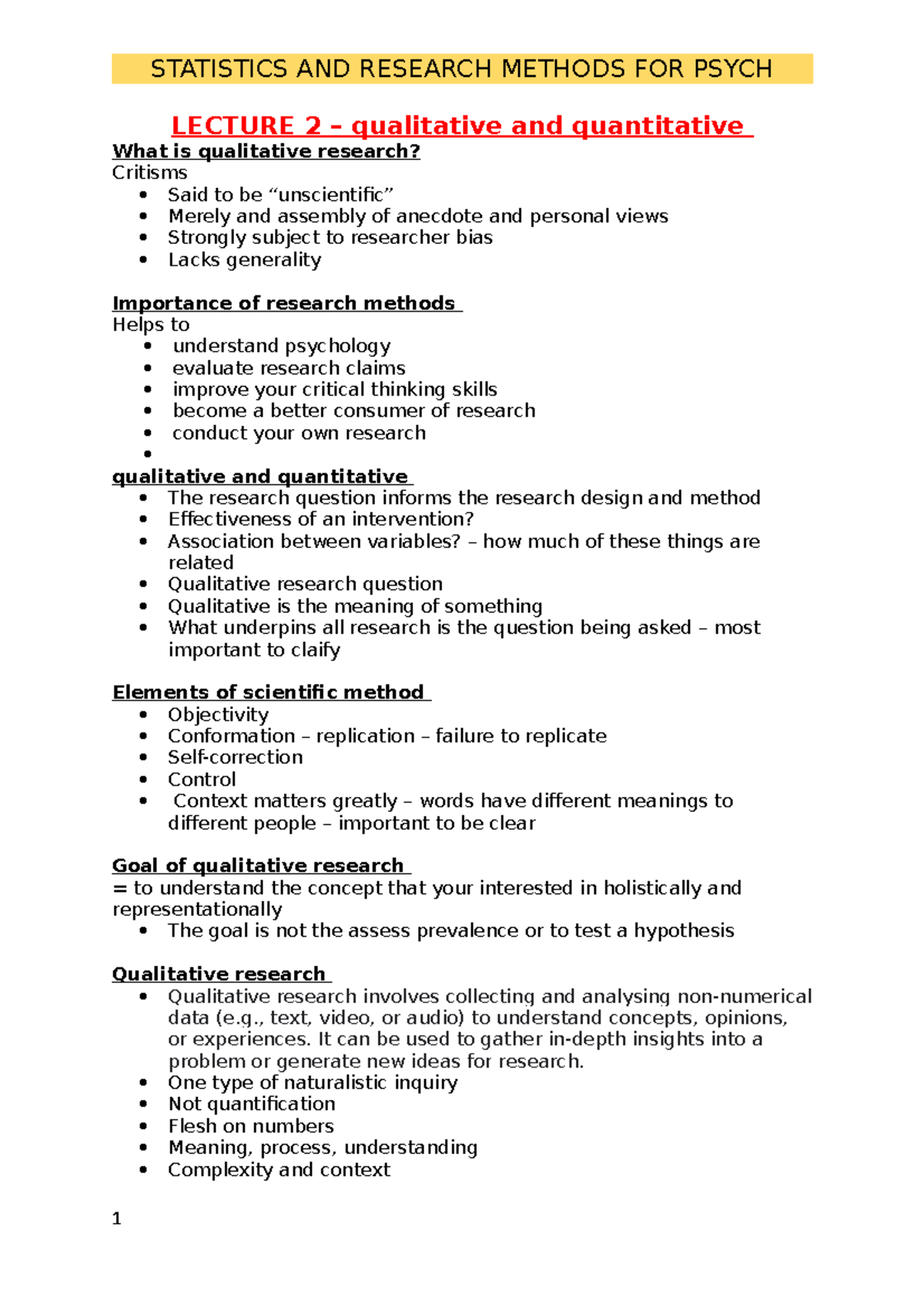 Psych 101: Qualitative vs. Quantitative Research Notes - Studocu