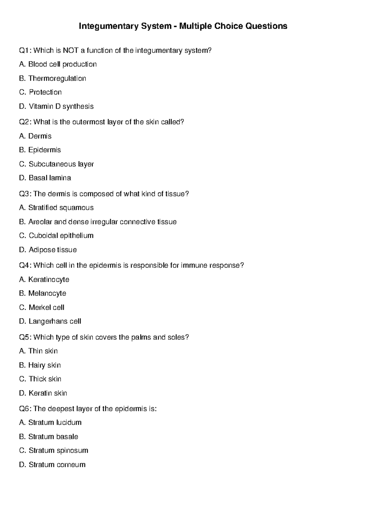 Integumentary System MCQs: Key Questions and Answers - Studocu