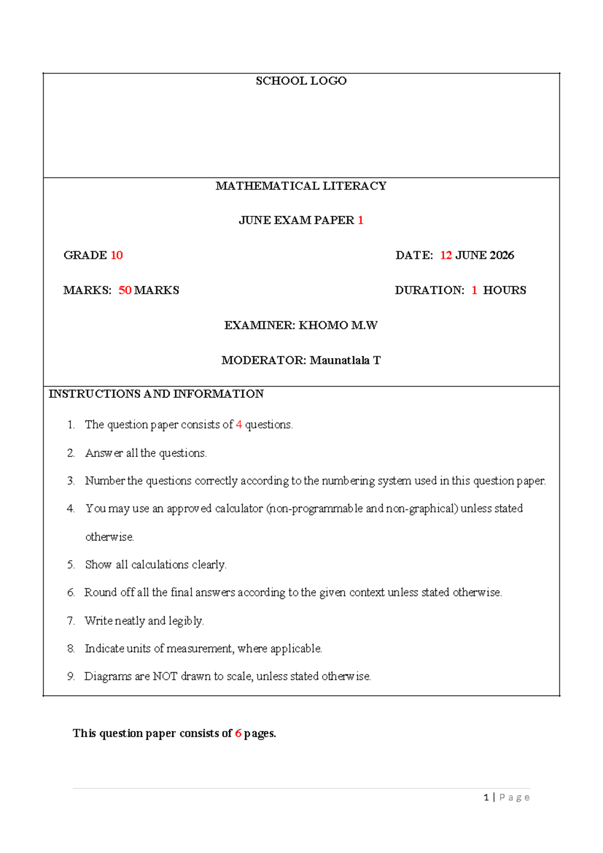 Grade 10 Mathematical Literacy June Exam Paper 1 - 2026 - Studocu