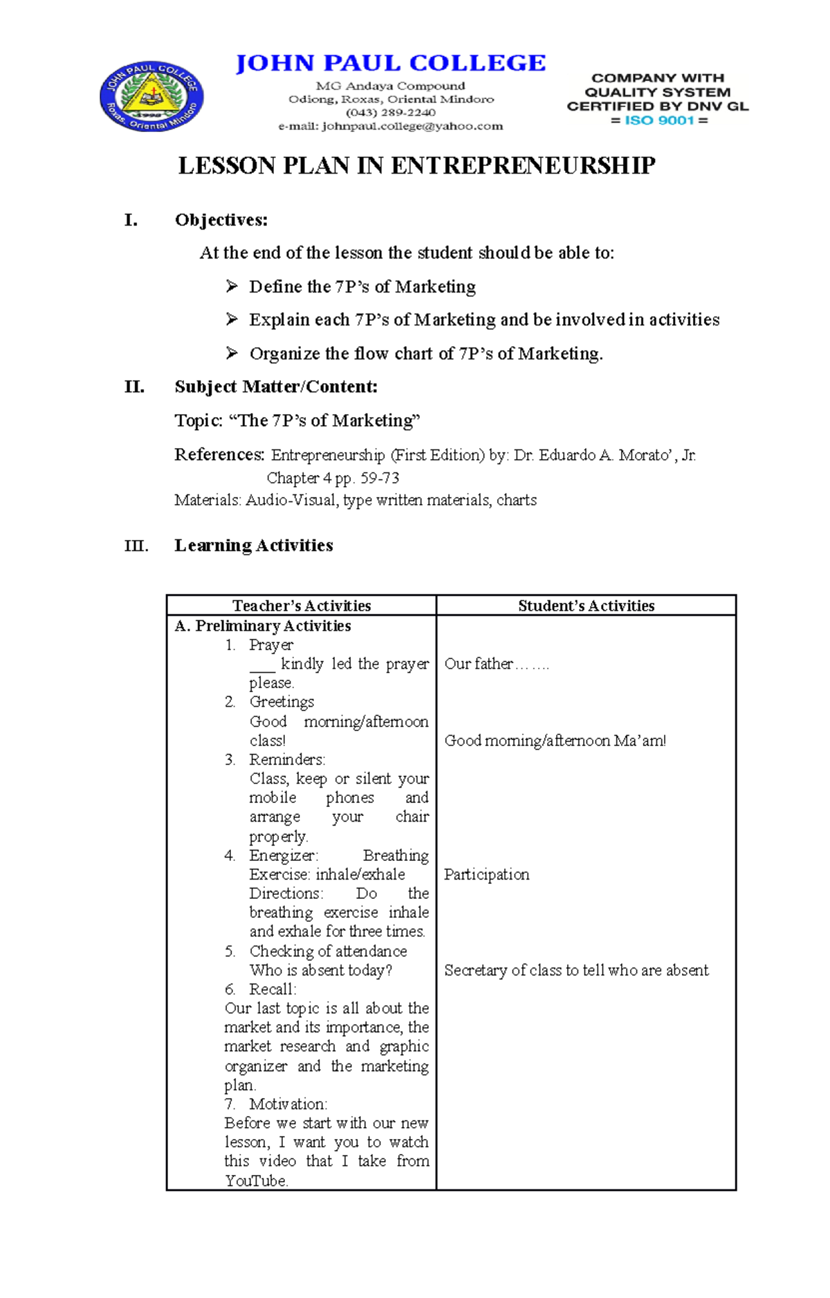 Detailed Lesson PLAN IN Entrepreneurship - LESSON PLAN IN ...