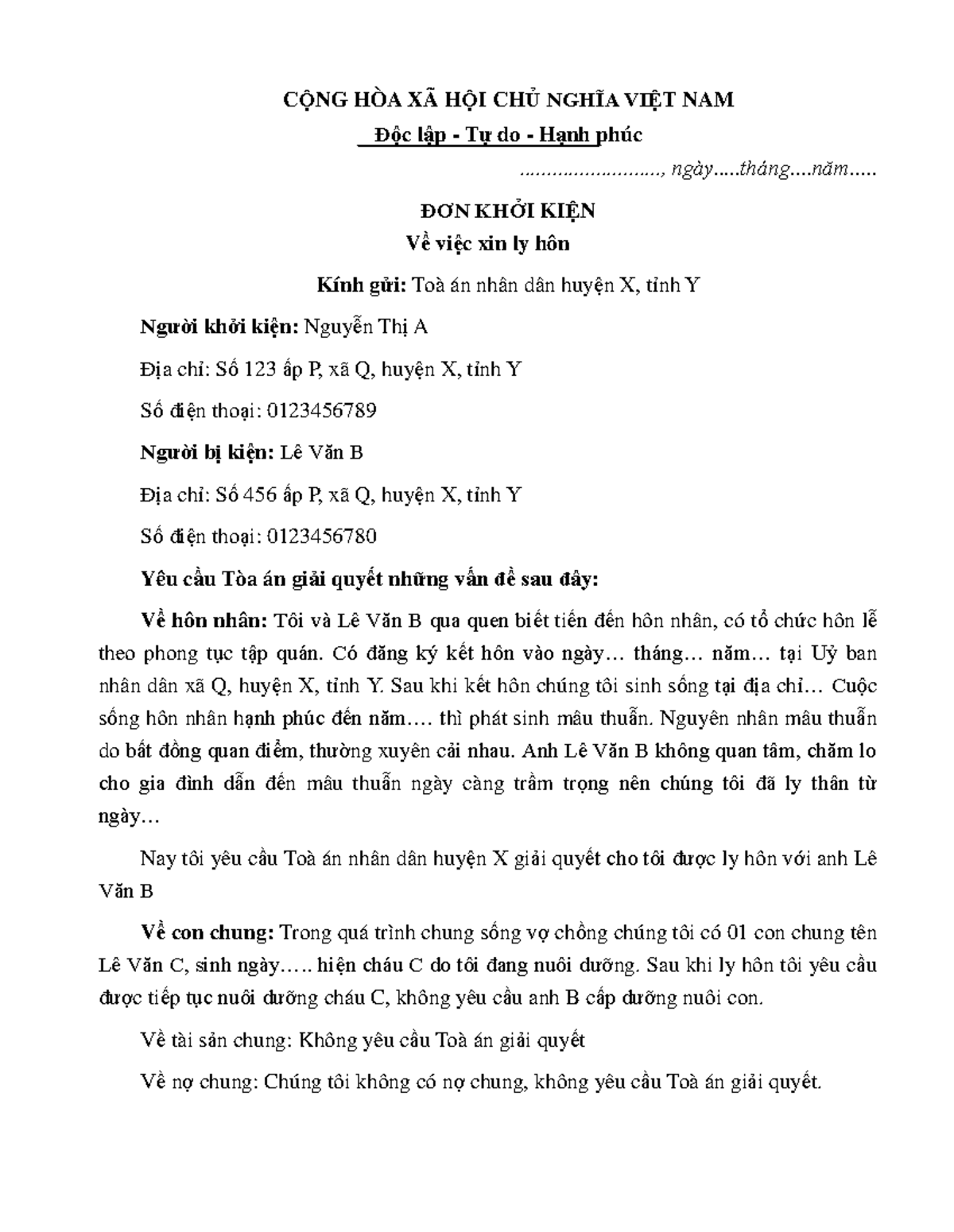Đơn Khởi Kiện Ly Hôn - QWERT - Studocu