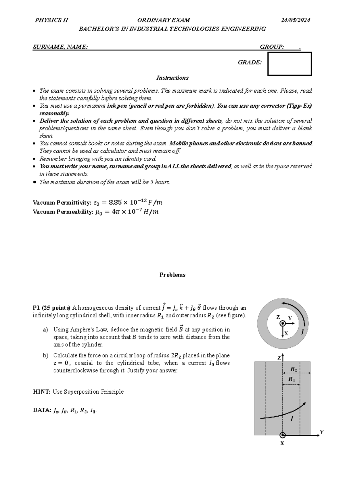PHYSICS II FINAL EXAM IN INDUSTRIAL TECHNOLOGIES ENGINEERING - Studocu