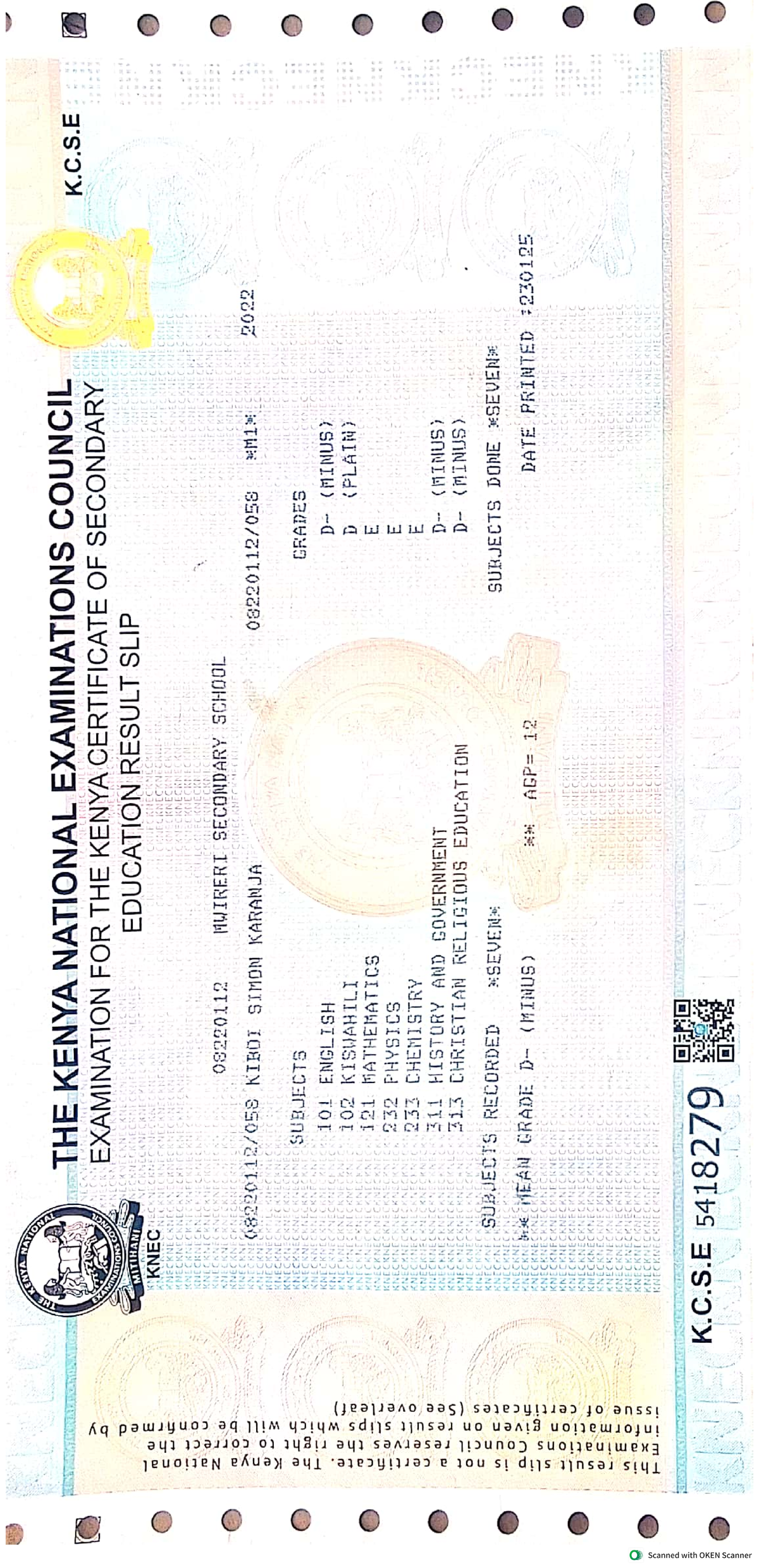 K.C.S.E 2022 Result Slip for Mwireri Secondary School - Studocu