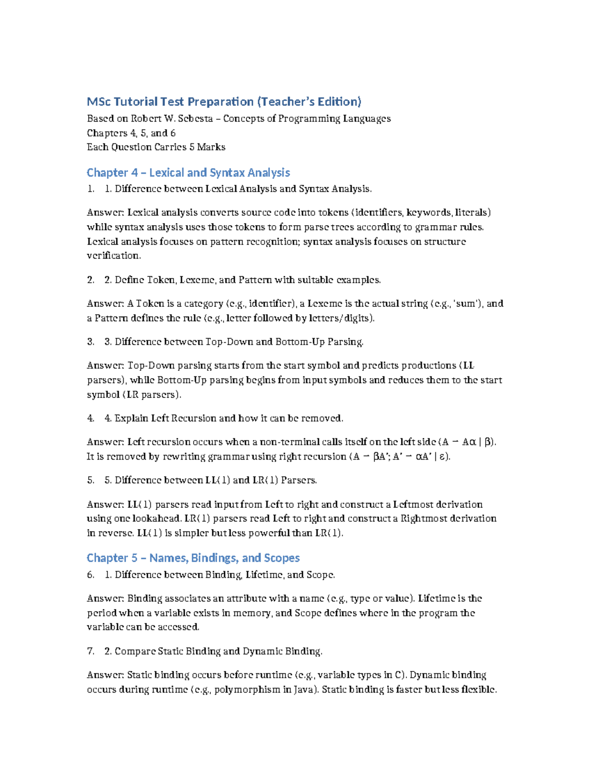 MSc Tutorial Test Prep: Concepts of Programming Languages (Ch. 4-6 ...