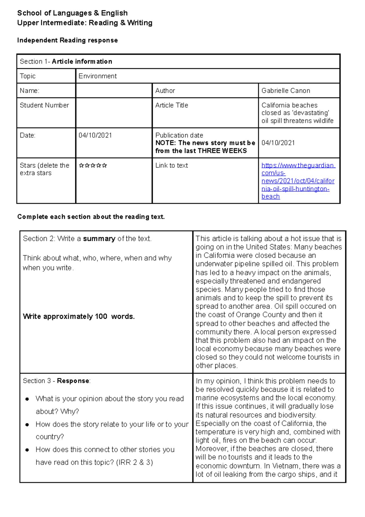 Independent Reading Response Form 1 - School of Languages & English ...