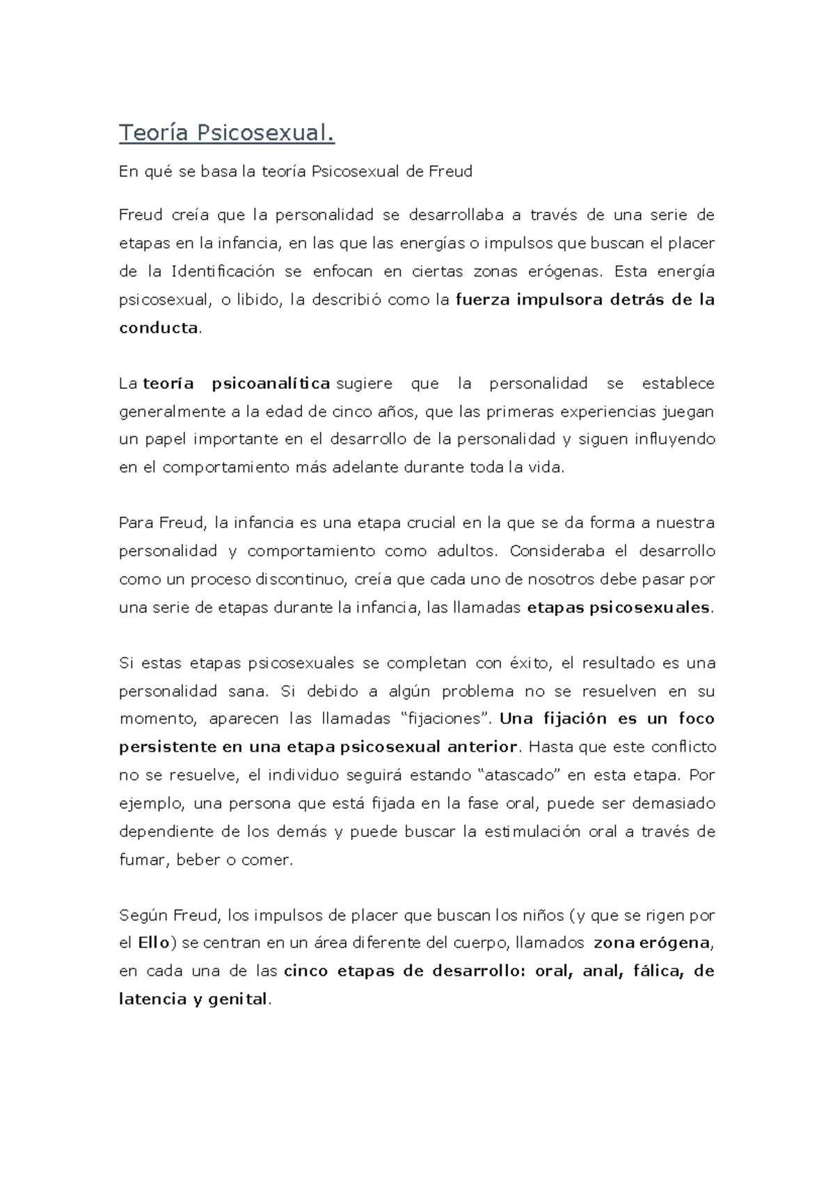 Teoría Psicosexual de Freud: Etapas del Desarrollo Infantil - Studocu